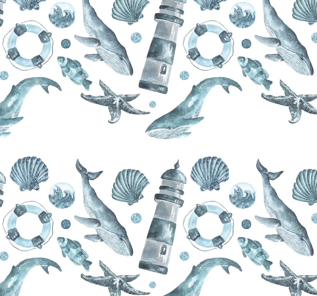 Green Sea Theme Patterns on White Fabric D1599 – Jersey Print Factory