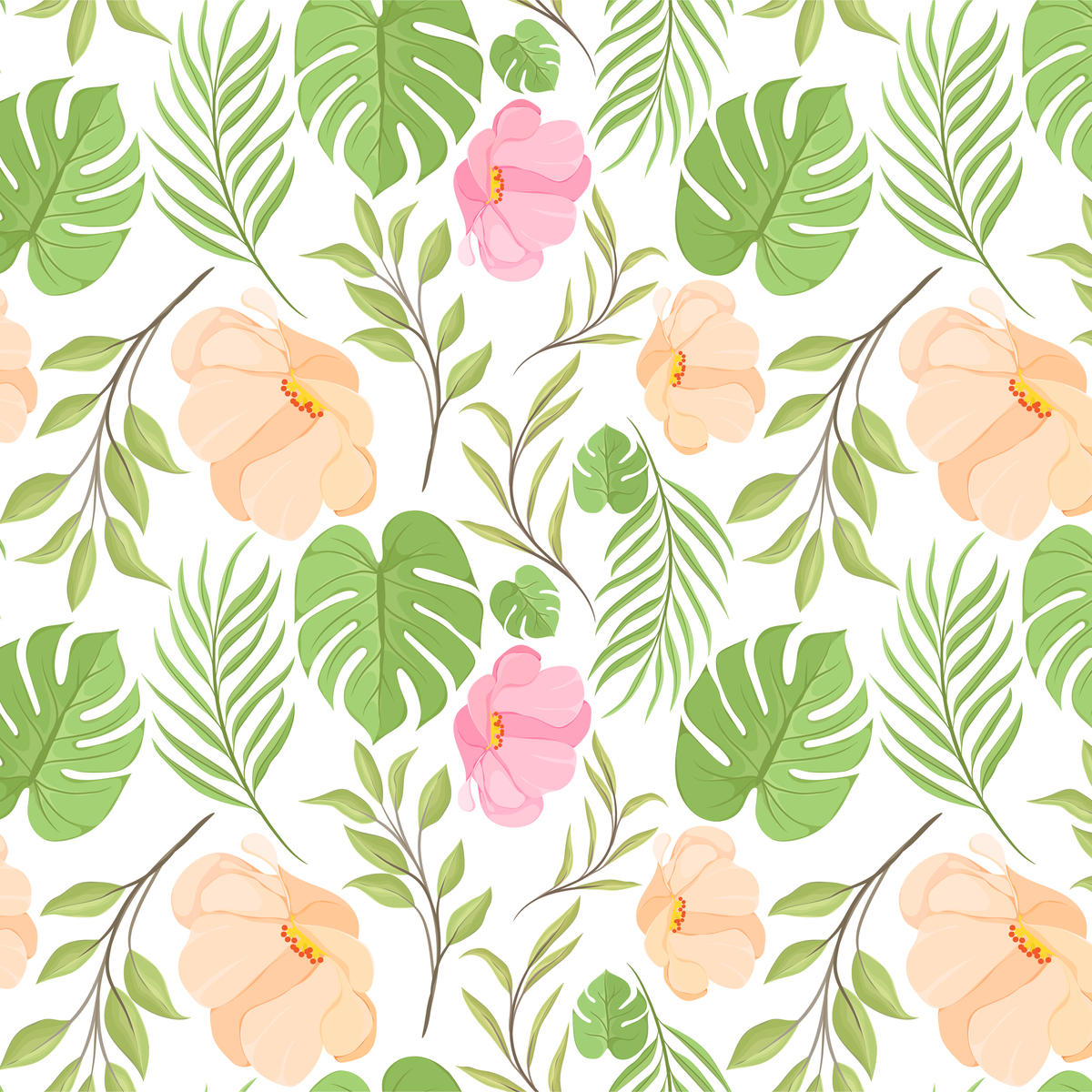 Floral and Green Leaf Patterns on White Fabric D1964 – Jersey Print Factory