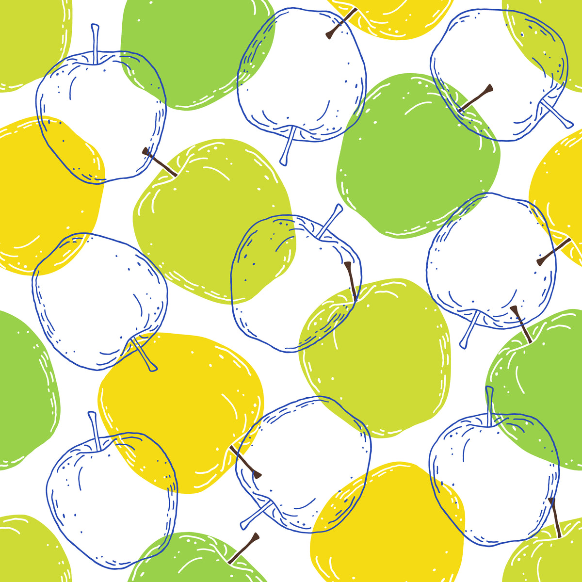 Green, Yellow Apple Patterns on White Fabric D1849 – Jersey Print Factory
