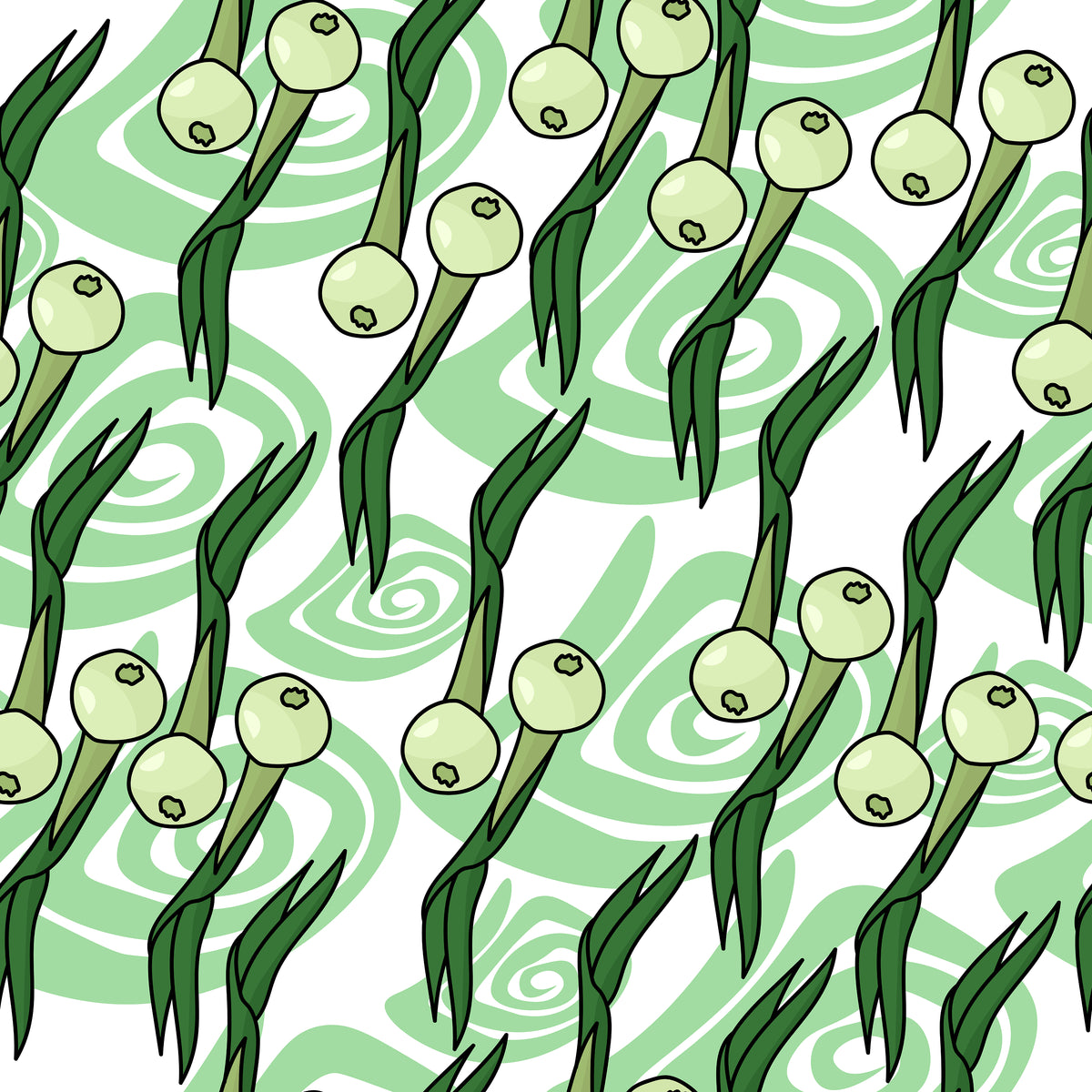 Green Onion Patterns on White Fabric D1737 – Jersey Print Factory