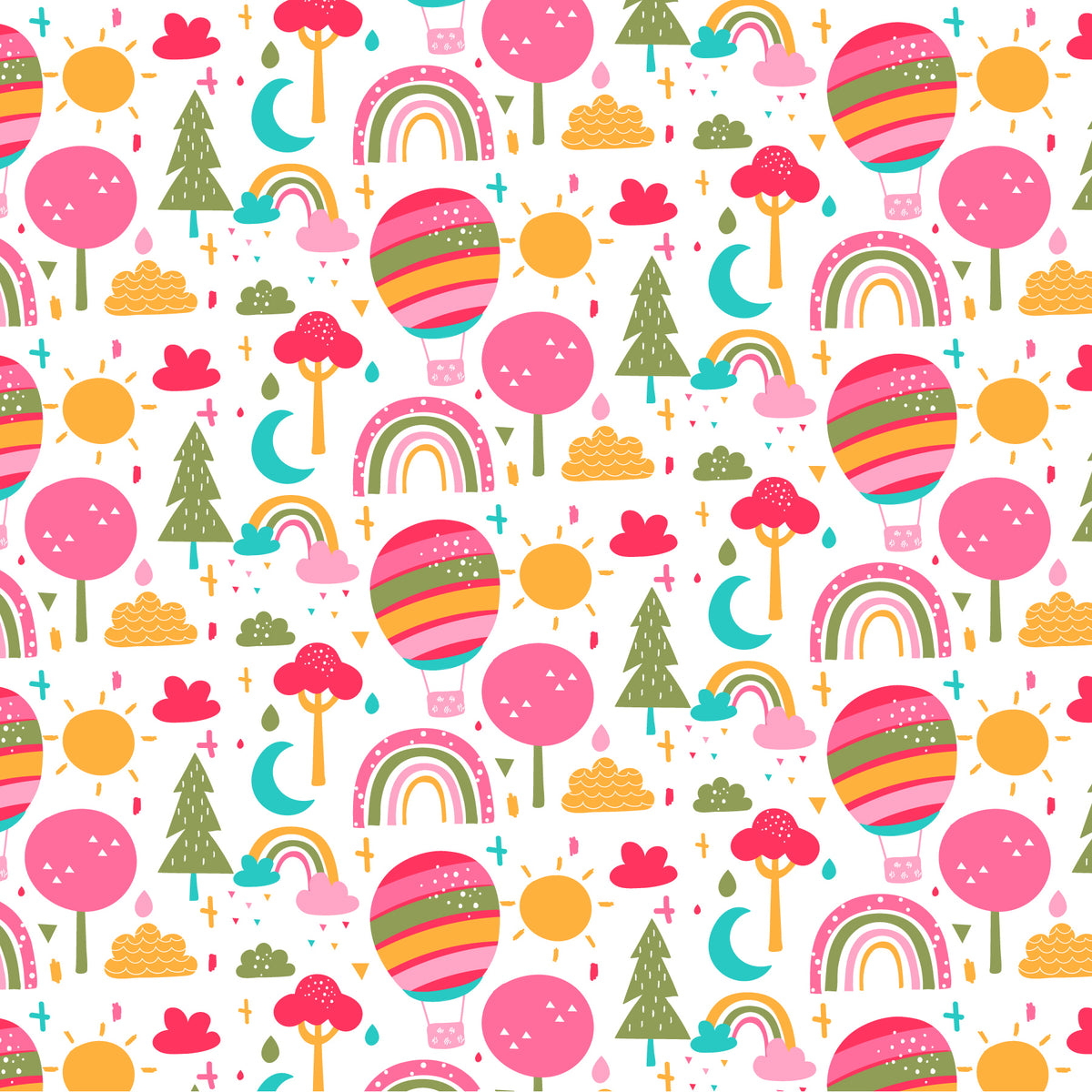 Sun and Air Balloon Patterns on White Fabric E2101 – Jersey Print Factory