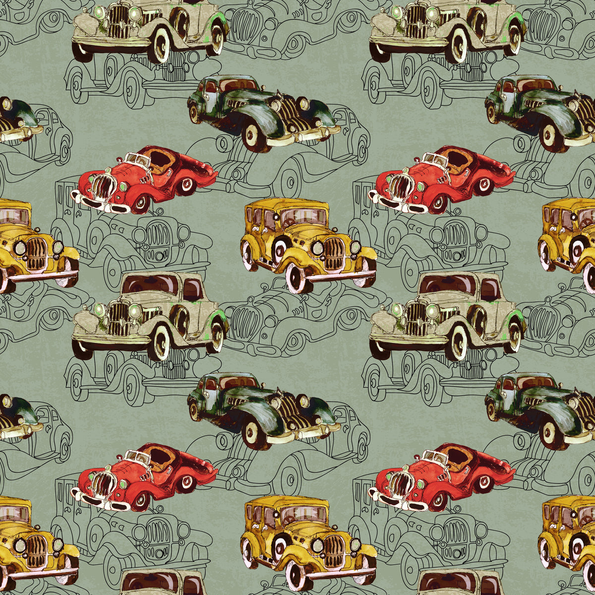 Retro Car Patterns on Water Green Fabric D1529 – Jersey Print Factory