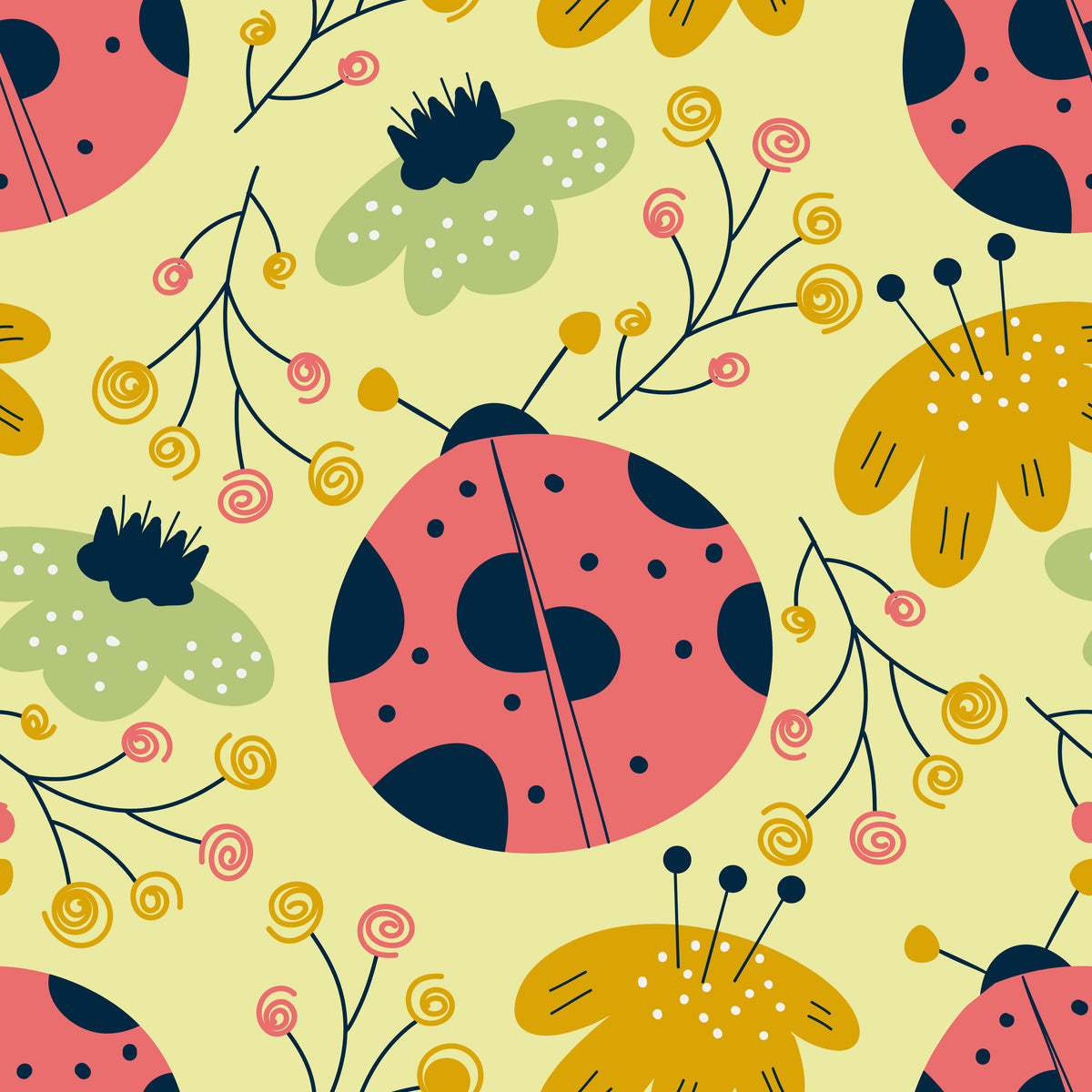 Scandinavian spring floral and ladybird designs on fabric D1898 ...