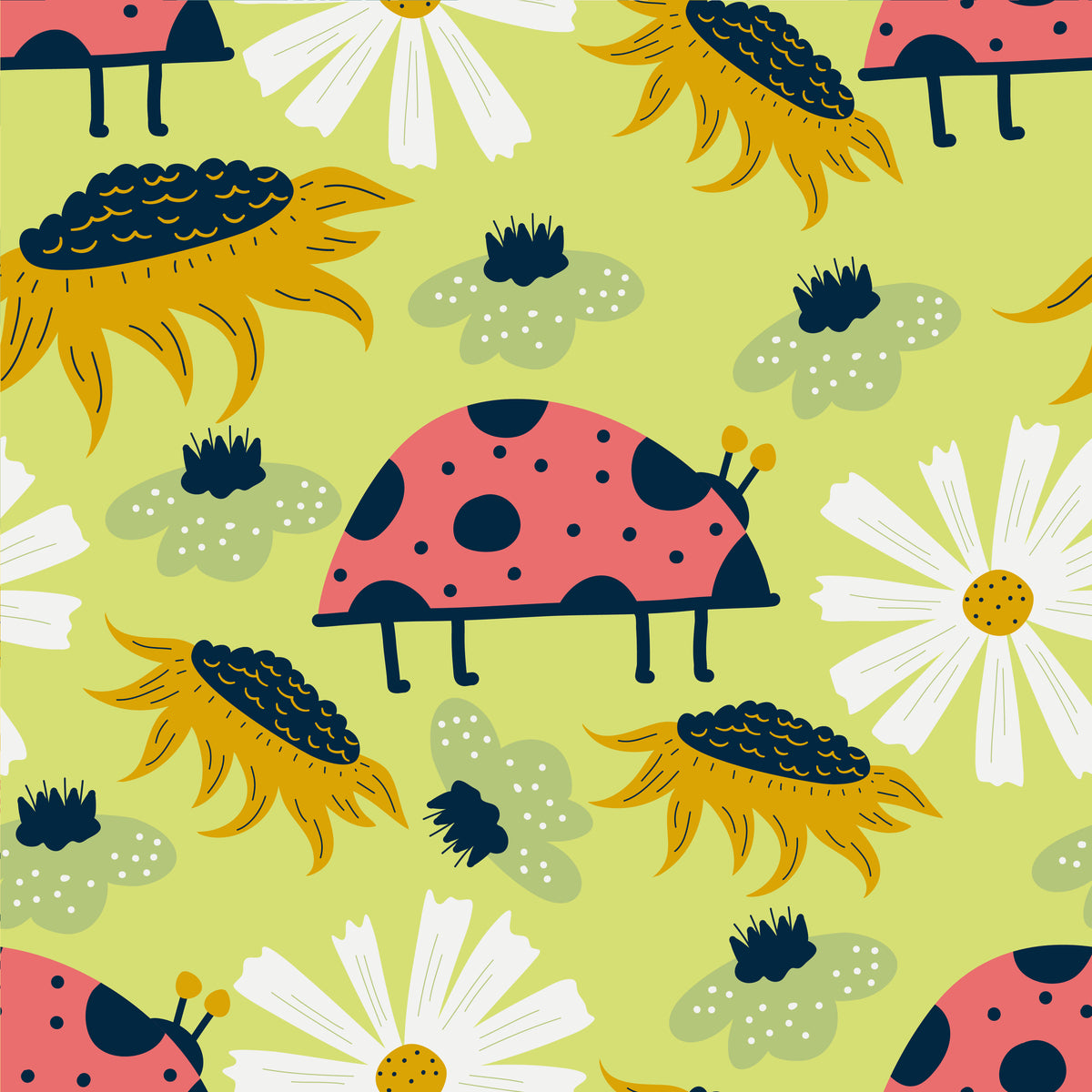 Scandinavian spring floral, ladybird designs on green fabric D1895 ...
