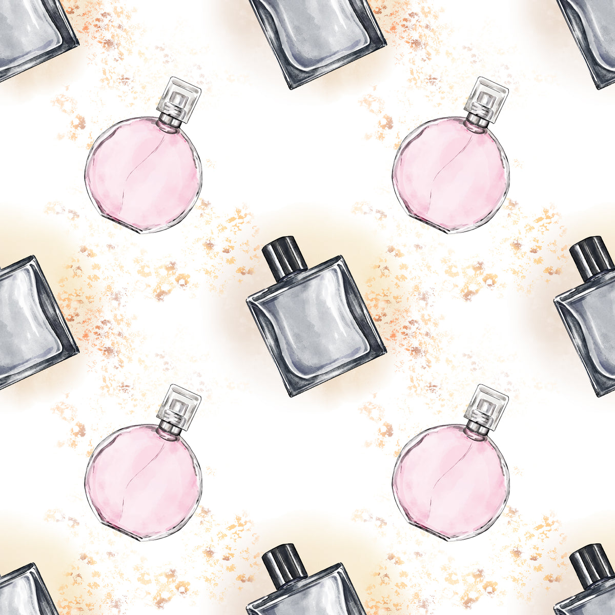 Perfume Patterns on Beige Fabric E1516 – Jersey Print Factory