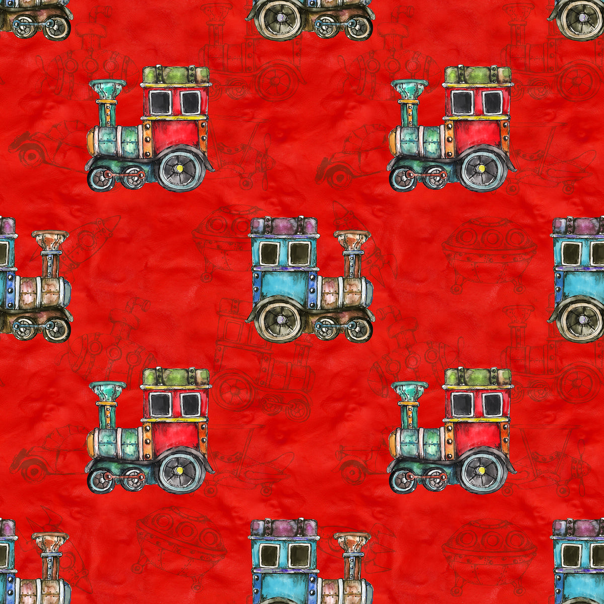 retro train designs in red fabric D1594 – Jersey Print Factory