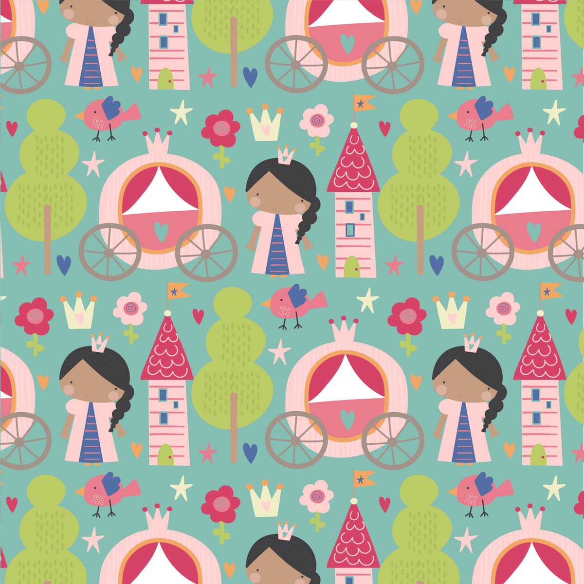 castle, carriage and princess designs in green fabric DS1703 – Jersey ...